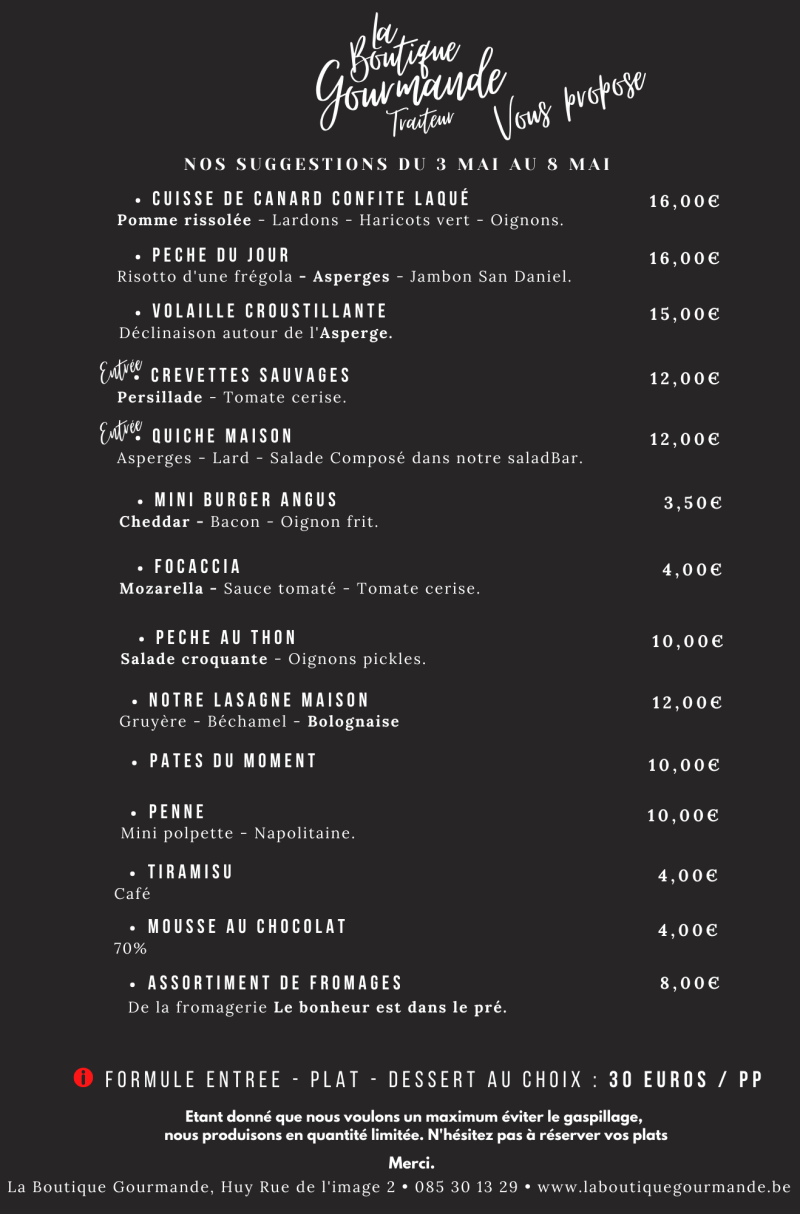La Carte | La Boutique Gourmande Huy